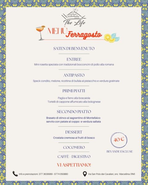 Menù di Ferragosto | THE LIFE - Hotel • Ristorante • Eventi